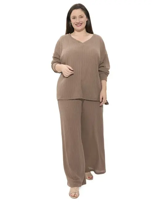 24SEVEN COMFORT APPAREL V-neck Waffle Knit Lounge Set - Taupe
