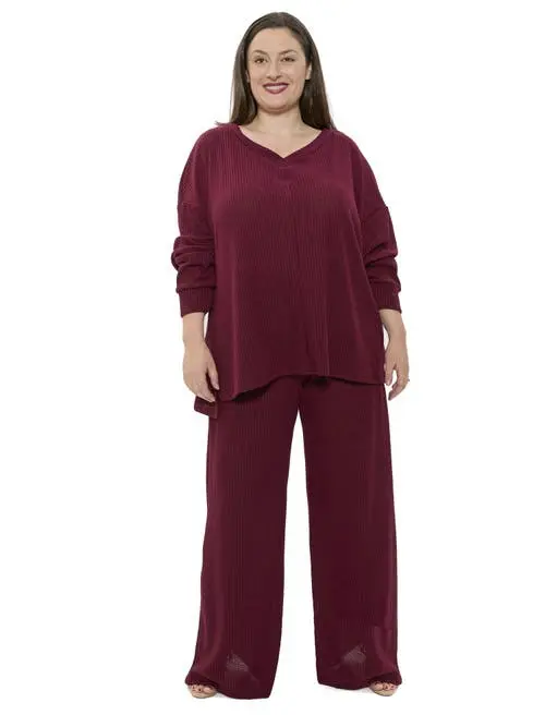 24SEVEN COMFORT APPAREL V-neck Waffle Knit Lounge Set - Wine