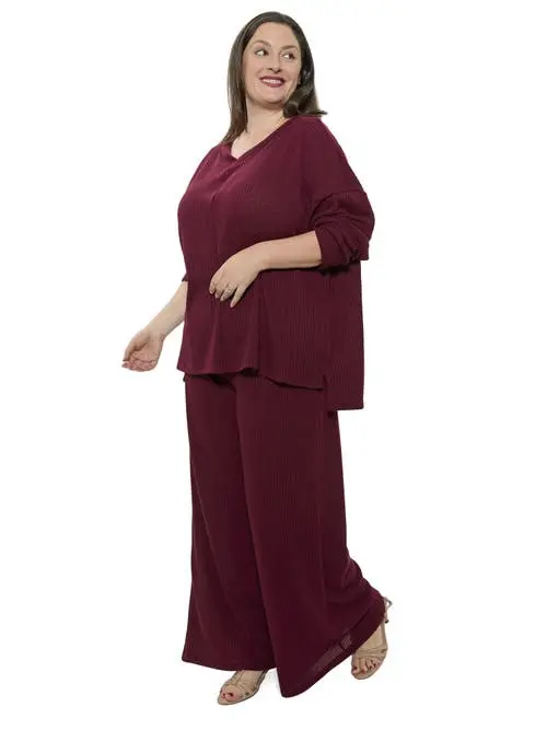 24SEVEN COMFORT APPAREL V-neck Waffle Knit Lounge Set - Wine