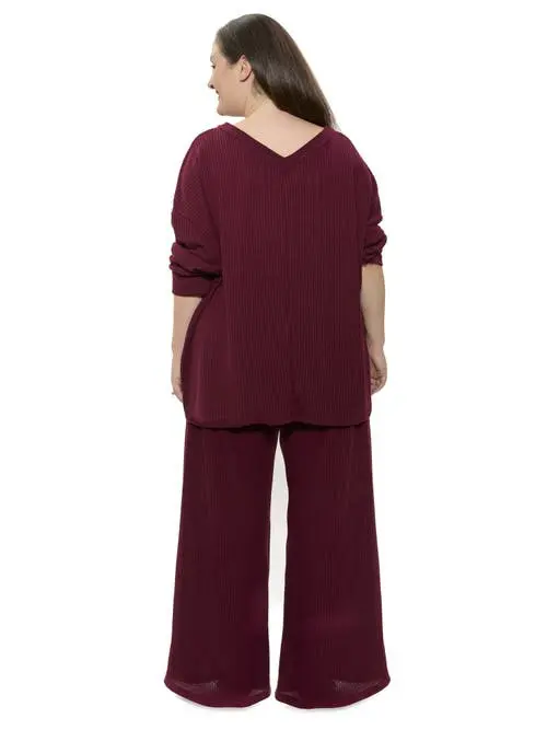 24SEVEN COMFORT APPAREL V-neck Waffle Knit Lounge Set - Wine