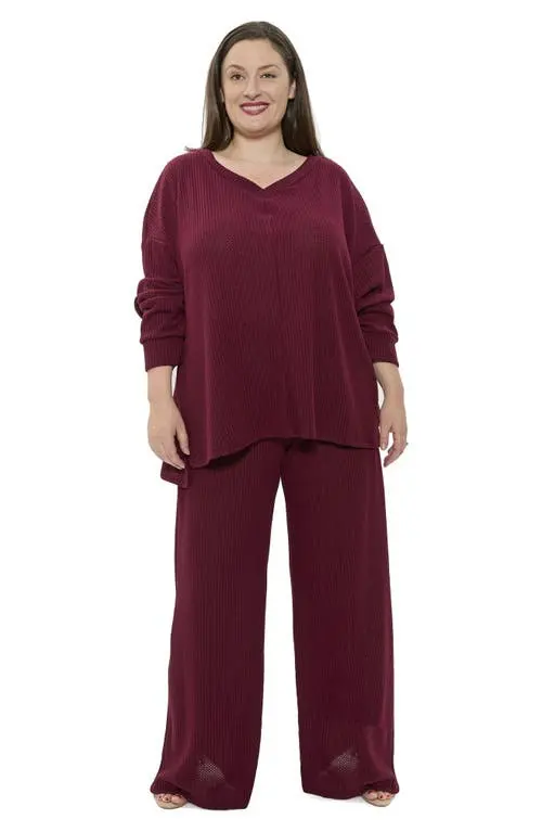 24SEVEN COMFORT APPAREL V-neck Waffle Knit Lounge Set - Wine