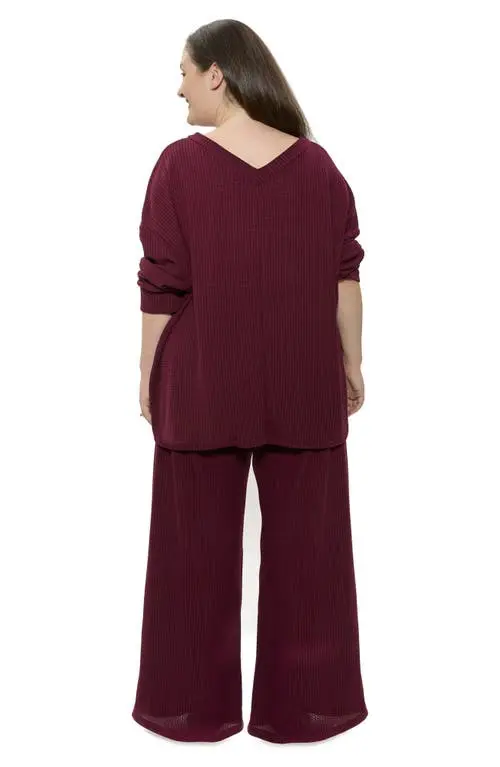 24SEVEN COMFORT APPAREL V-neck Waffle Knit Lounge Set - Wine