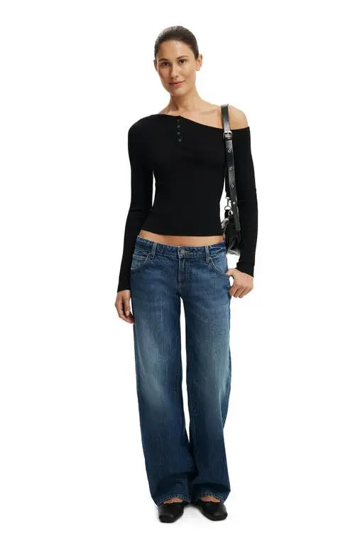 COTTON ON One Shoulder Henley Knit - Black