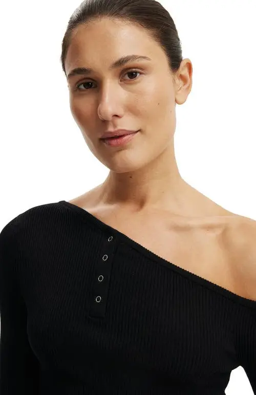 COTTON ON One Shoulder Henley Knit - Black