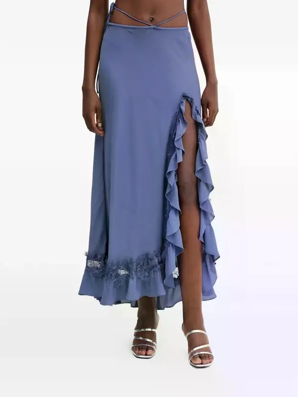 Bardot Ruffled Slit Midi Skirt - Blue