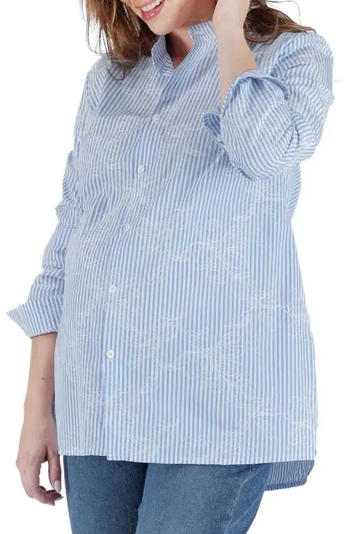 CACHE COEUR Camille Striped Button-up Maternity/nursing Top With Embroidery