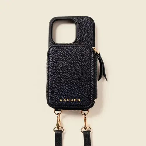 CASUPO Leather Iphone Case With Wallet And Crossbody Strap - Black