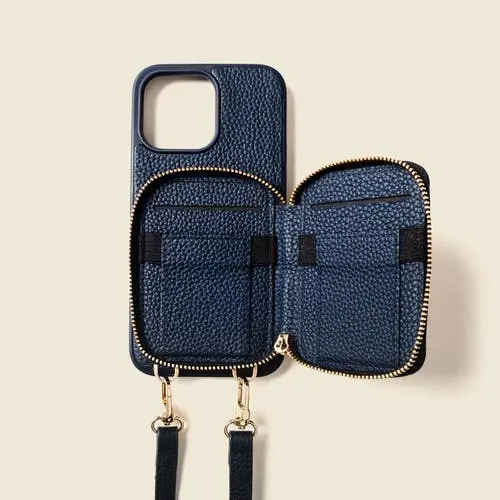 CASUPO Leather Iphone Case With Wallet And Crossbody Strap15 Pro - Navy