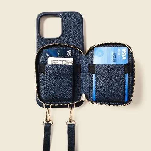 CASUPO Leather Iphone Case With Wallet And Crossbody Strap15 Pro - Navy