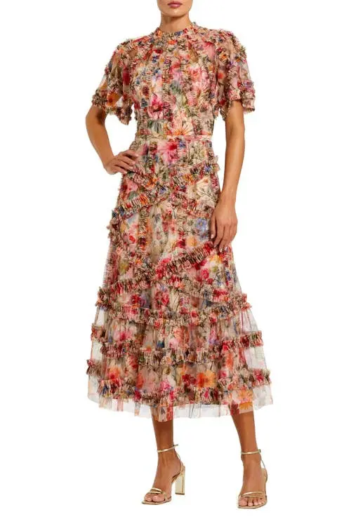 Mac Duggal Floral Print Flutter Sleeve Midi Dress - Cream Multi