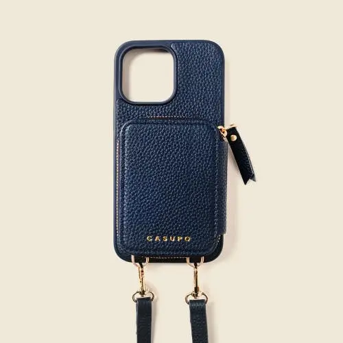 CASUPO Leather Iphone Case With Wallet And Strap - Navy