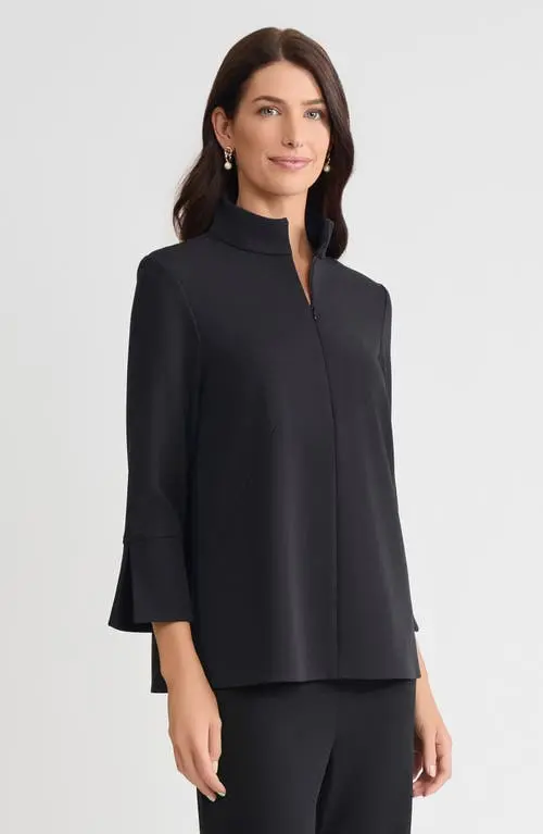 Ming Wang Deco Crepe Zip Front Blouse - Black