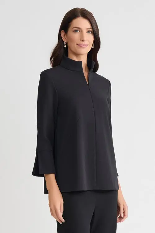 Ming Wang Deco Crepe Zip Front Blouse - Black