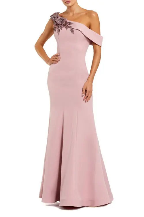 Mac Duggal Crepe Floral Beaded Off-the-shoulder Mermaid Gown