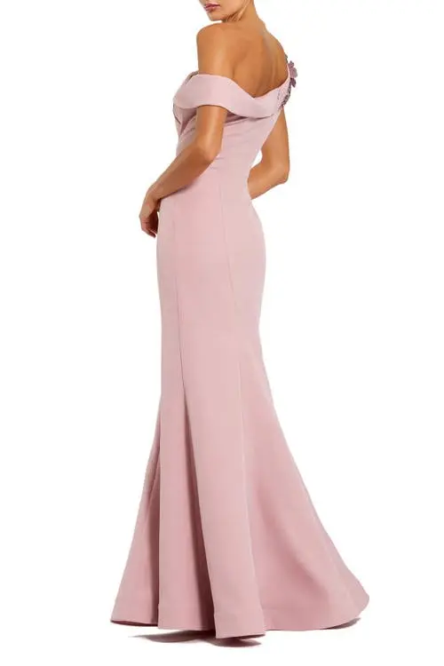 Mac Duggal Crepe Floral Beaded Off-the-shoulder Mermaid Gown