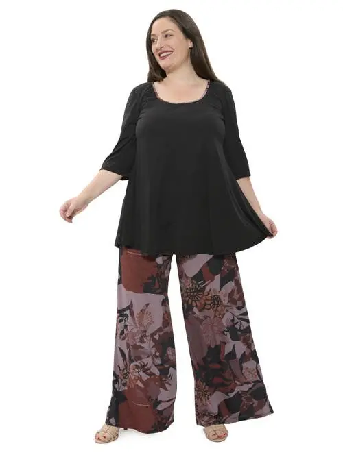 24SEVEN COMFORT APPAREL Floral Print Scoop Neck Elbow Sleeve Swing Tunic Top And Pant Set - Brown Multi