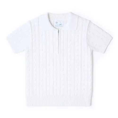 FLORENCE EISEMAN Short Sleeve Cable Polo Sweater - White