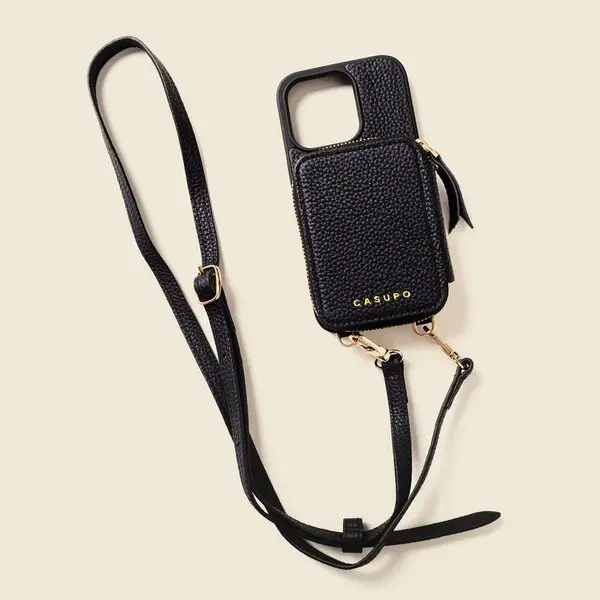 CASUPO Leather Iphone Case With Wallet And Crossbody Strap - Black