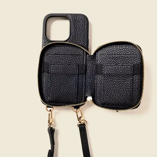 CASUPO Leather Iphone Case With Wallet And Crossbody Strap - Black
