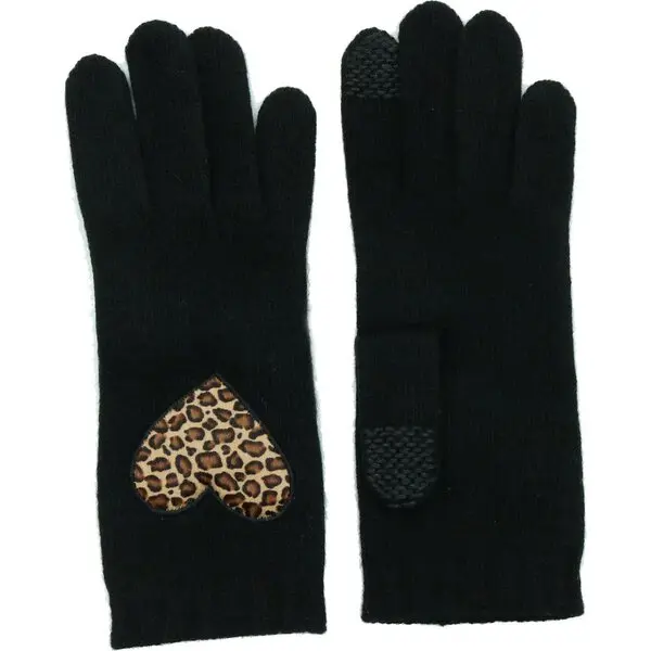 Portolano Cashmere Tech Gloves With Heart Patch - Black/leopard