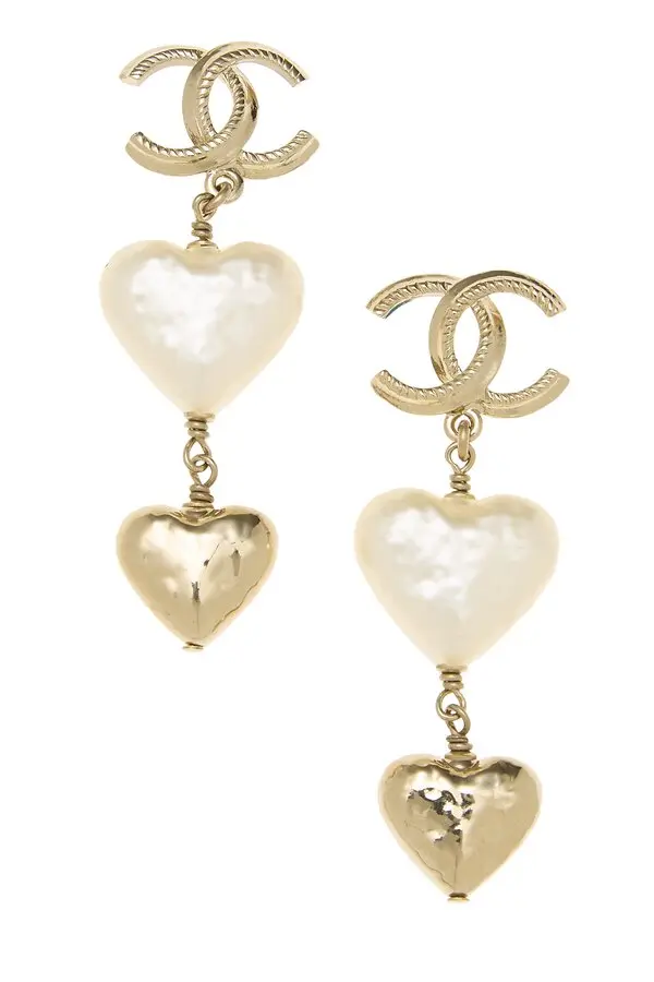 Chanel Faux Pearl 'cc' Heart Dangle Earrings - Gold