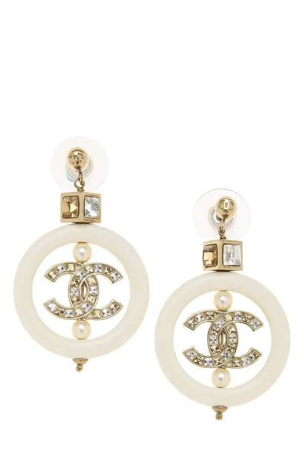 Chanel Crystal 'cc' Drop Earrings - White