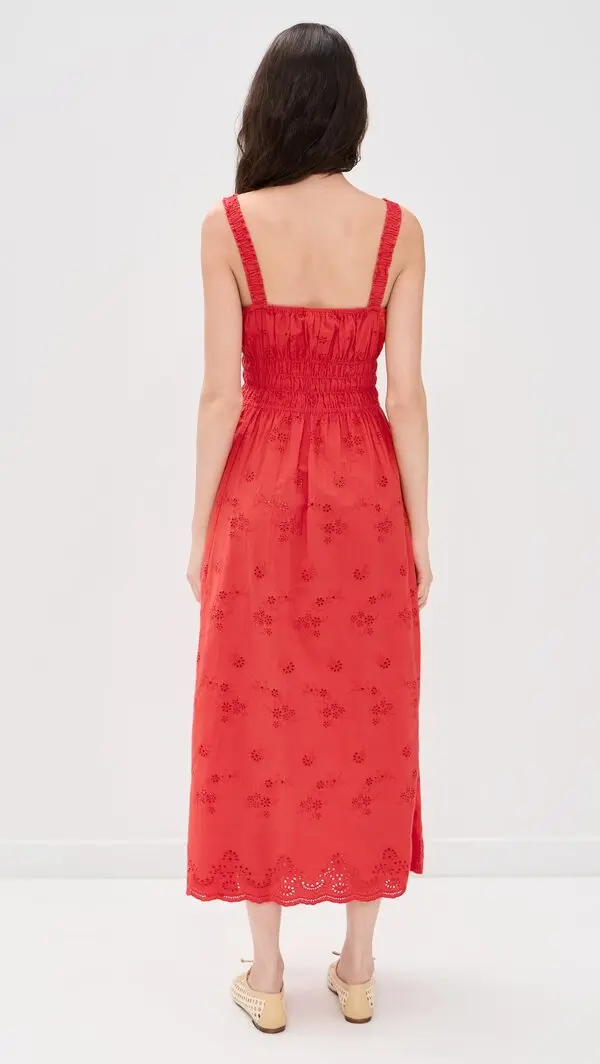 LA MAREGOLD Floral Eyelet Smocked Bodice Midi Dress - Watermelon