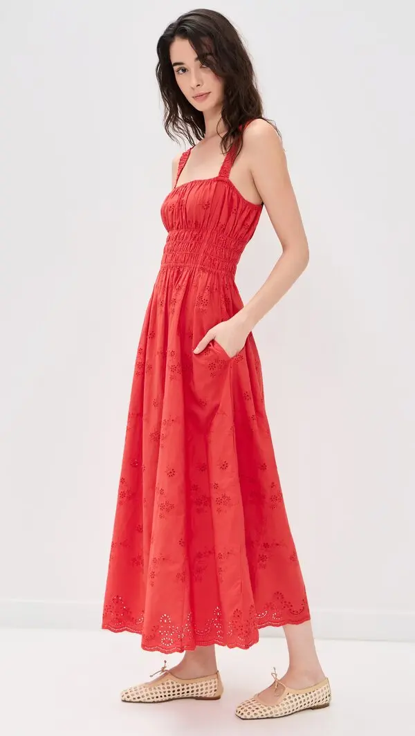 LA MAREGOLD Floral Eyelet Smocked Bodice Midi Dress - Watermelon
