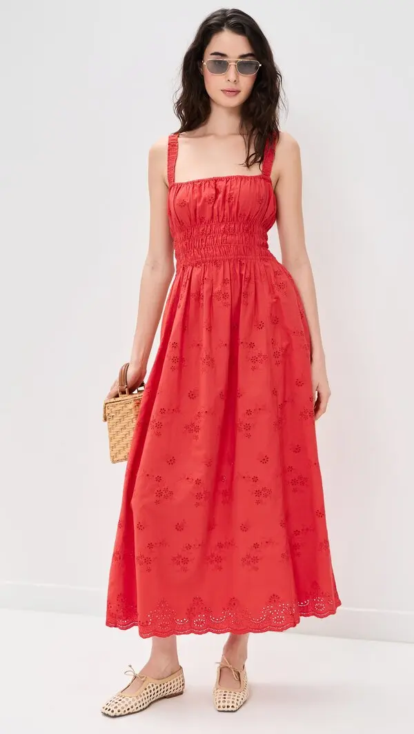 La Maregold Floral Eyelet Smocked Bodice Midi Dress - Watermelon |  Editorialist