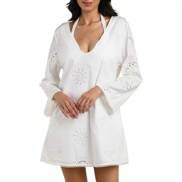 La Blanca Bayside Eyelet Stretch Cotton Cover-up Tunic - White