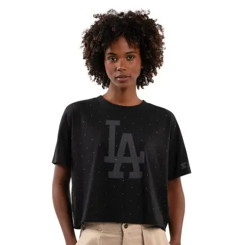 STARTER Los Angeles Dodgers Rhinestone Sprinkle Boxy Cropped T-shirt - Black