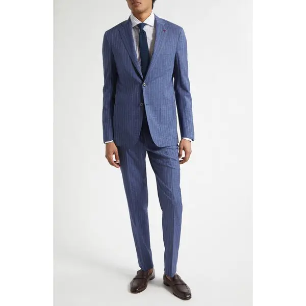 Isaia Capri Denim Effect Wool Blend Rigato Suit