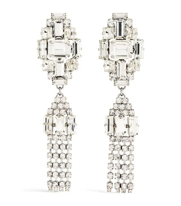 Alessandra Rich Crystal Pendant Fringe Earrings - Silver