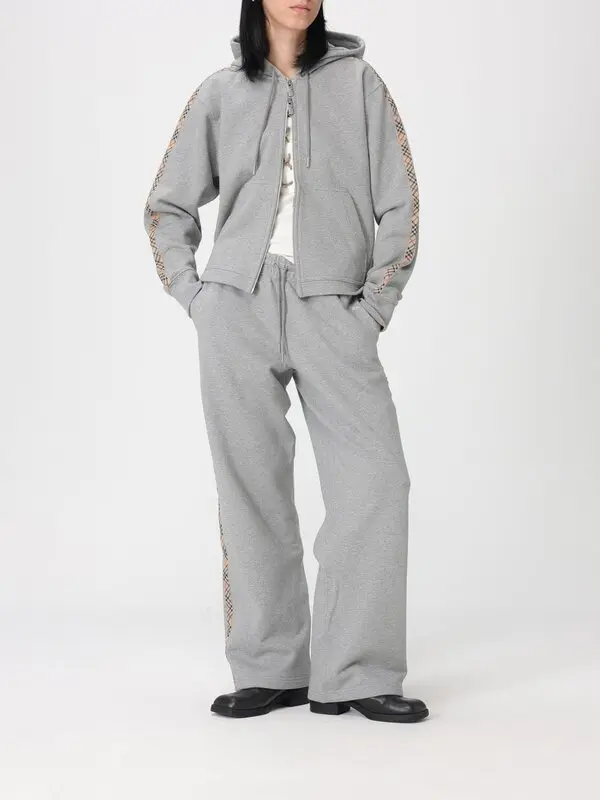 Burberry Checked Sleeve Zip-up Hoodie - Grey