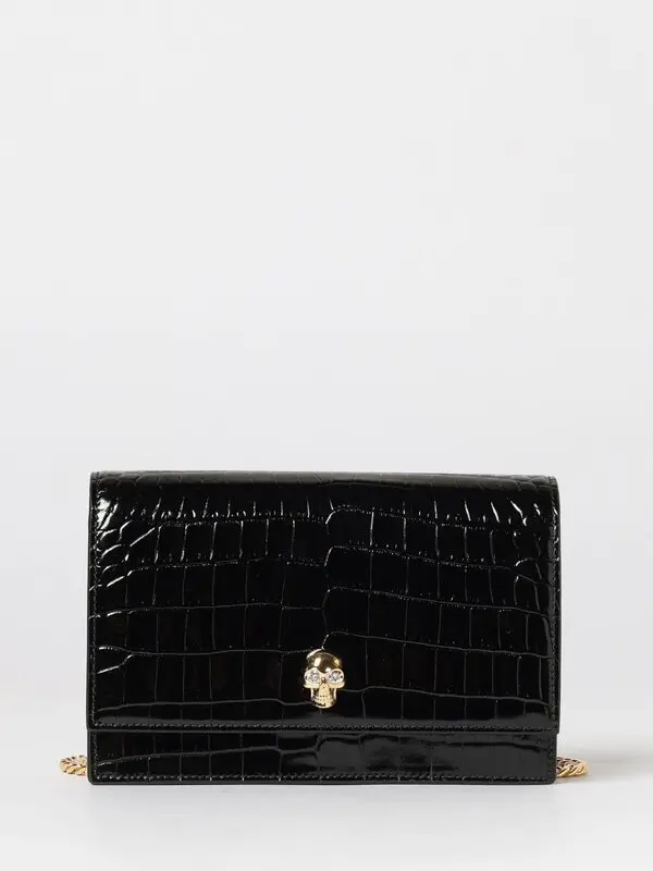 Alexander McQueen Crocodile Print Leather Shoulder Bag - Black