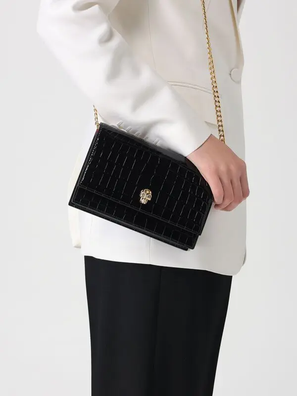 Alexander McQueen Crocodile Print Leather Shoulder Bag - Black