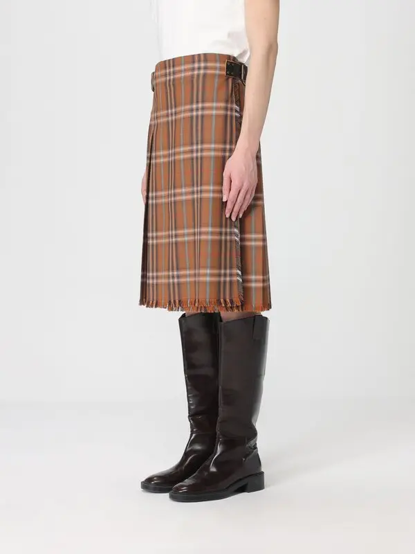 Burberry Pleated Plaid Skirt With Fringed Hem - Beige
