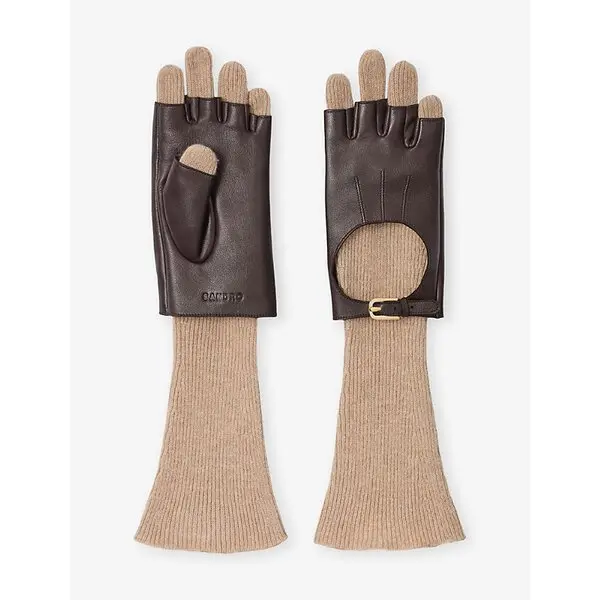 Sandro Long Knitted And Leather Gloves - Beige