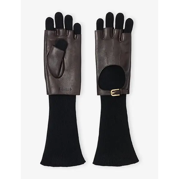 Sandro Long Knitted And Leather Gloves - Black