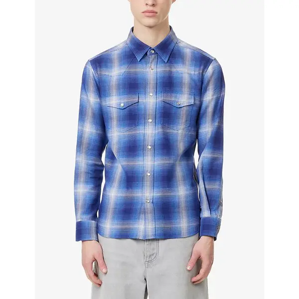 TOM FORD Check-print Long-sleeves Cotton-poplin Shirt - Navy Multicolor