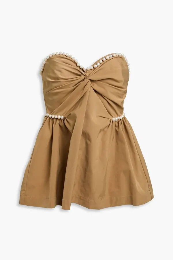 KIKA VARGAS Hebe Strapless Faux Pearl-embellished Woven Top - Sand