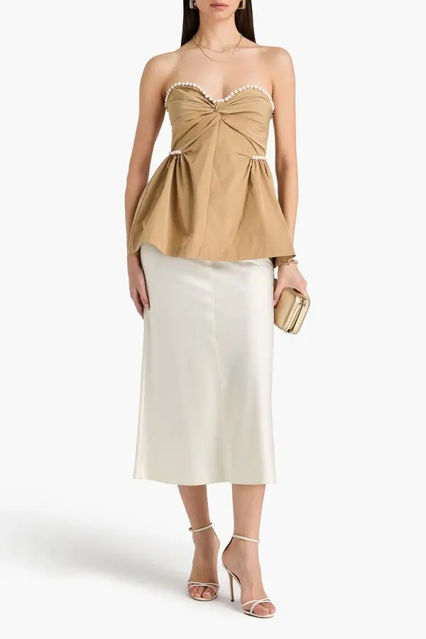 KIKA VARGAS Hebe Strapless Faux Pearl-embellished Woven Top - Sand