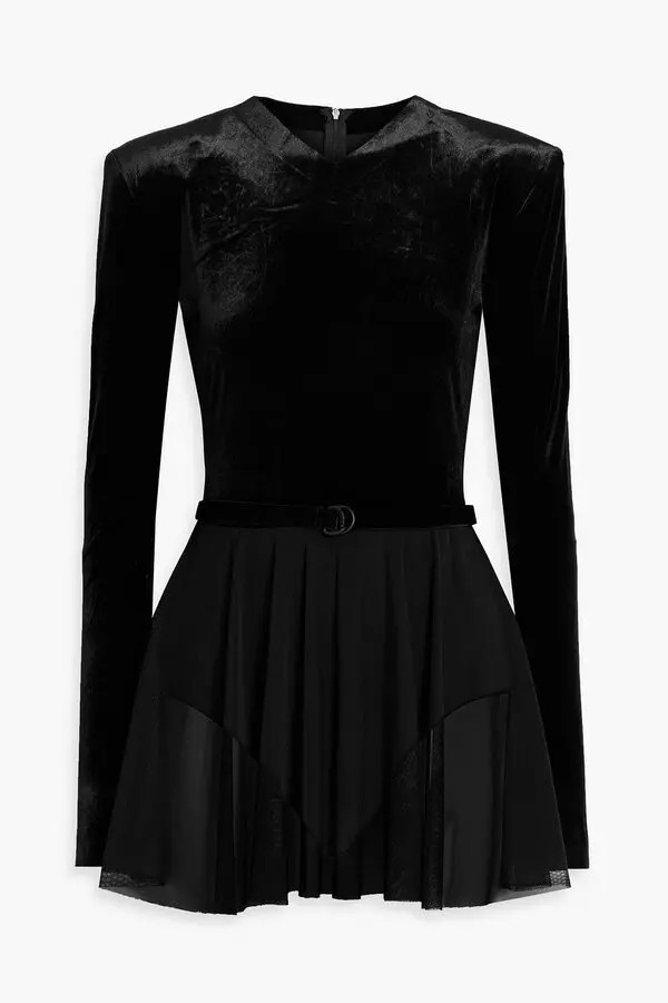 Norma Kamali Pickleball Belted Stretch-velvet And Mesh Mini Dress - Black