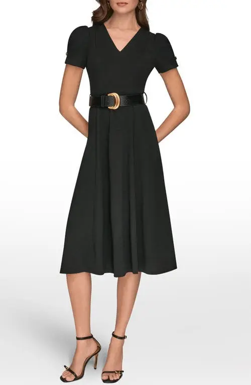 donna karan women's puff-sleeve belted a-line dress Donna Karan New York Belted Puff Sleeve Midi Dress In Black - 25% Off