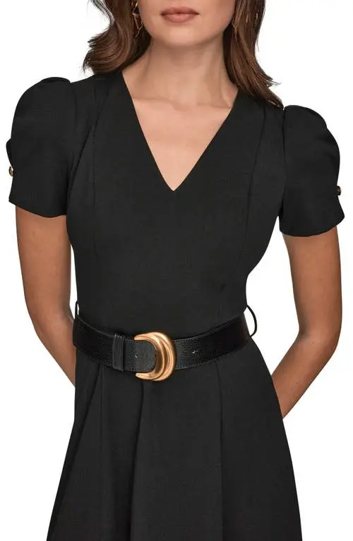donna karan women's puff-sleeve belted a-line dress Donna Karan Floral Print Cotton Sateen 3/4 Puff Sleeve Belted Midi Shirt  Dress