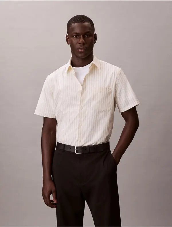 Calvin Klein Cotton Stretch Stripe Short Sleeve Button-down Shirt - Papyrus