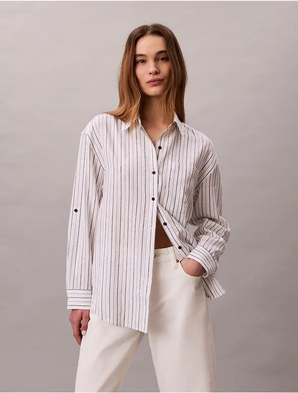 Calvin Klein Linen Blend Relaxed Button-down Shirt - Dark Denim Stripe