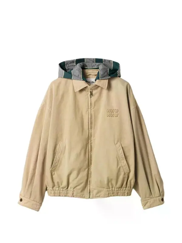 Miu Miu Oversized Zip-up Jacket With Embroidered Logo - Neutrals