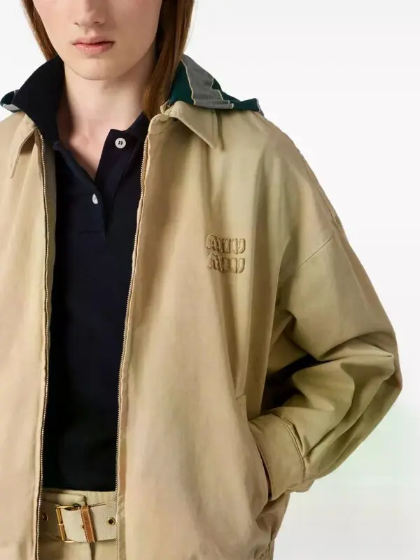 Miu Miu Oversized Zip-up Jacket With Embroidered Logo - Neutrals