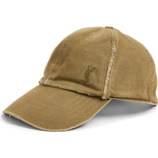 Saint Laurent Distressed Logo Embroidered Denim Baseball Cap - Khaki